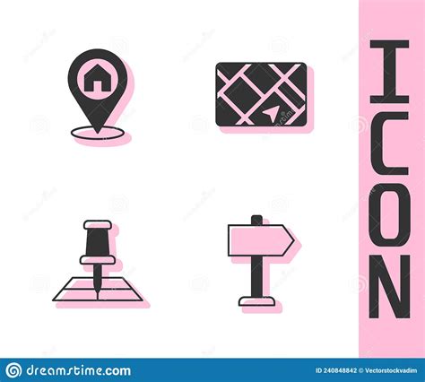 Set Road Traffic Sign Location With House Folded Map Location Marker And Gps Device Icon