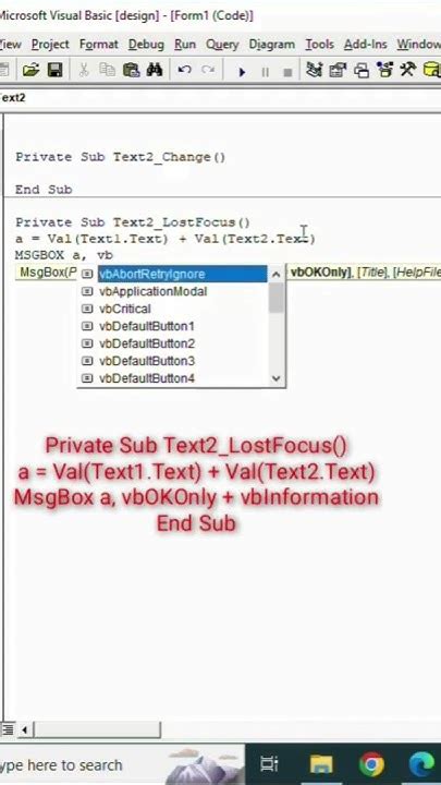 Shorts Simple Addition Of Two Nos Using Msgbox Youtube