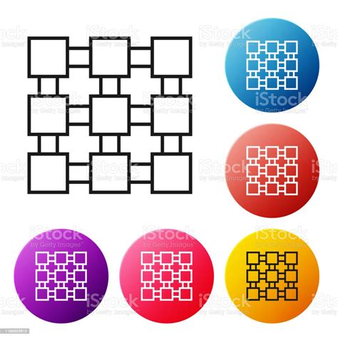 흰색 배경에 검은 선 블록 체인 기술 아이콘 암호 화폐 데이터 추상 기하학적 인 블록 체인 네트워크 기술 사업 아이콘 다채로운 원 버튼을 설정합니다 벡터 일러스트레이션