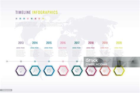 육각형 요소 연도 표시 및 배경에 세계지도와 회사 역사 인포그래픽 현대의 현실적인 3d 비즈니스 데이터 시각화 벡터 회사 프리젠 테이션 슬라이드 템플릿 Eps 10 0명에