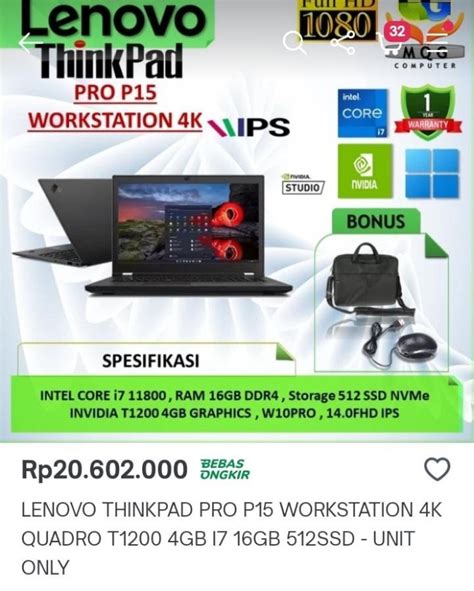 Jual Lenovo Thinkpad P Core I H Ram Gb Bergaransi Cicilan Jakarta Barat Bursa