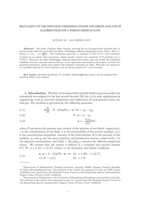 Pdf Regularity Of The Diffusion Dispersion Tensor And Error Analysis Of Galerkin Fems For A