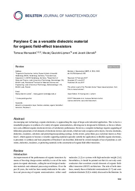 pdf parylene c as a versatile dielectric material for organic field