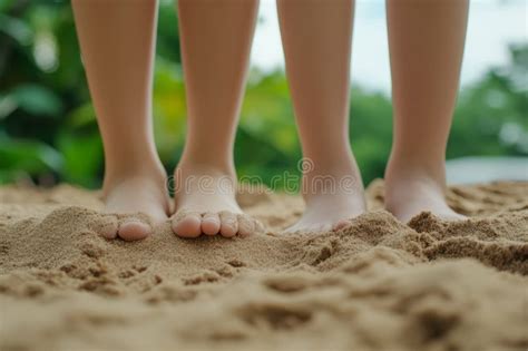 Bare Feet On Sandy Beach With Lush Green Background In Outdoor