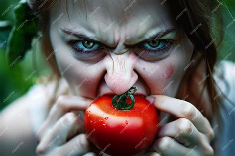 Woman Pretending To Bite Tomato Premium Ai Generated Image