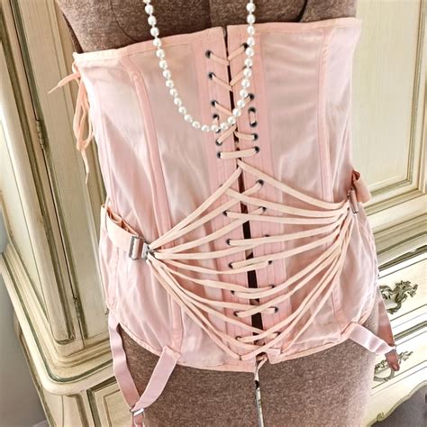 Vintage Intimates And Sleepwear Vintage Camp Ballerina Pink Fan Lace Up Corset Cotton Rayon