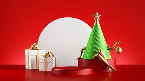 3d 렌더링 크리스마스 트리 문자 빨간색 배경에 고립 된 황금 모델 다리와 녹색 콘 둥근 프레임과 빈 연단 빈 쇼케이스 모형 특이한 초현실적 개념 3차원 형태에 대한 스톡