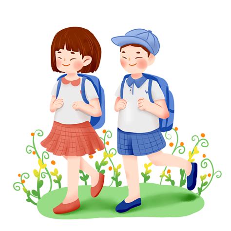 开学日卡通小学生开心上学去原创手绘