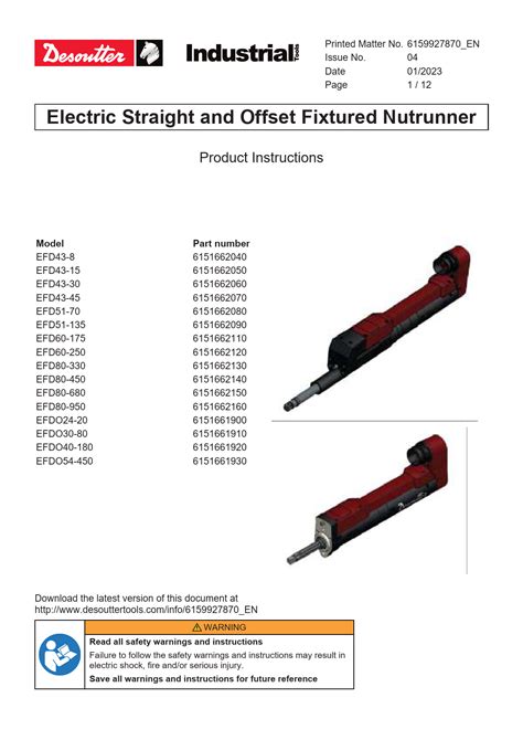 Desoutter Efd Series Electric Straight And Offset Fixtured Nutrunner Instructions