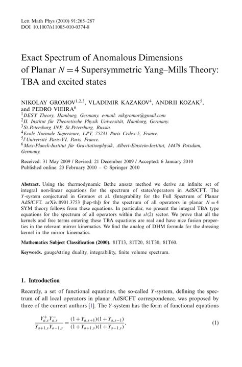 Pdf Exact Spectrum Of Anomalous Dimensions Of Planar N 4 Supersymmetric Yangmills Theory