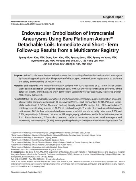 Pdf Endovascular Embolization Of Intracranial Aneurysms Using Bare Platinum Axium™ Detachable