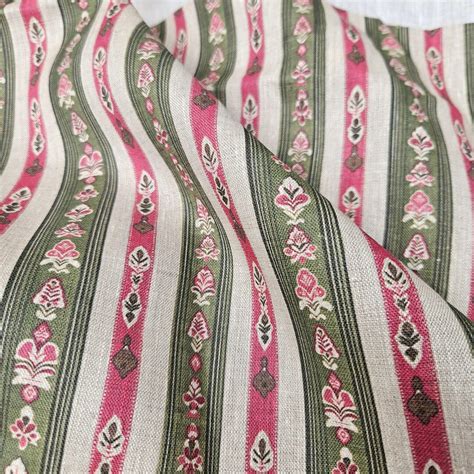 100 Linen Fabric Ethno Stripe Print Tribal Green Red Print On Linen