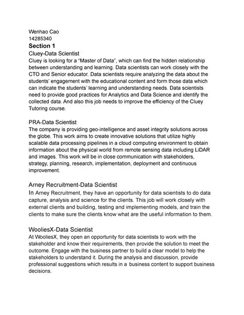 Dream Job 14285340 First Assignment For Introduction To Data