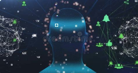 Animation Of Illuminating Human Face With Connected Icons And Dots Over Abstract Background