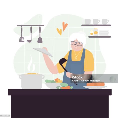 부엌에서 요리하는 나이든 여자 행복한 할머니는 음식 부엌 인테리어를 요리하고 있다 앞치마를 입은 백인 할머니 건강에 좋은 음식 가정 생활에 대한 스톡 벡터 아트 및 기타