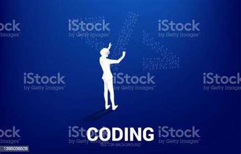 실루엣 남자는 Vr 안경을 착용하고 도트 연결 라인 회로 기판 스타일 소프트웨어 개발 프로그래밍 태그 아이콘 프로그래밍 언어