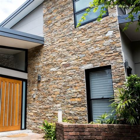 Exterior Gold Quartzite Slate Stone Wall Cladding Panel Design China Stacked Stone And Culture