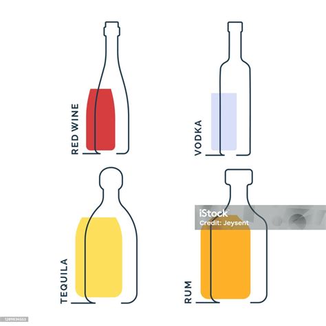 화이트 백그라운드의 선형 스타일로 레드 와인 보드카 데킬라 럼 연속 라인 검은 색 얇은 윤곽선과 색상 채우기 현대적인 플랫 스타일 그래픽 디자인 로고 윤곽 요소
