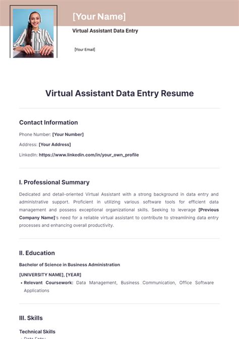 Free Virtual Assistant Data Entry Resume Template To Edit Online