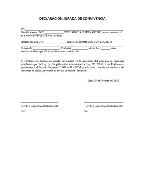 Declaración Jurada De Convivencia Pdf