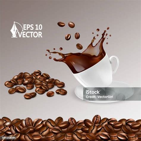커피 컵 떨어지는 볶은 원두 커피 스플래쉬 아라비카 아메리카노 에스프레소 커피 텍스처 3d 사실적인 벡터 일러스트 레이 션 0