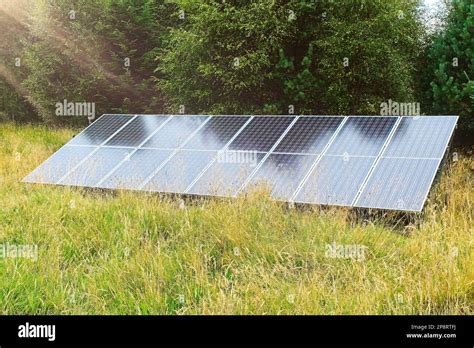 Ground Array Of Solor Panels Placed In Front Of Bushes And Surrounded By Long Grass Stock Photo