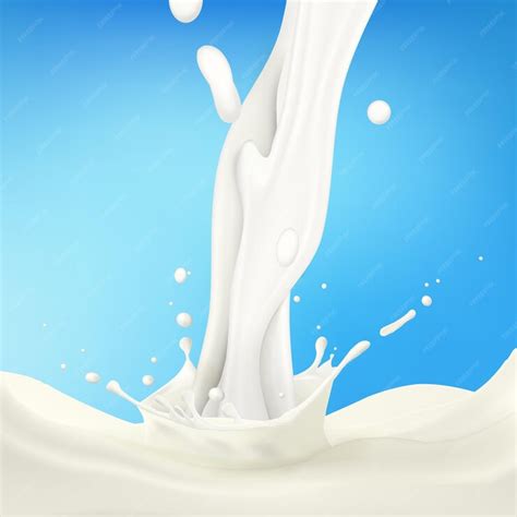 파란색 배경에 고립 된 드롭에서 추상 현실적인 우유 밝아진 프리미엄 벡터
