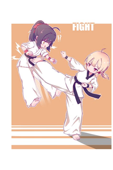 Safebooru 2girls O Absurdres Ahoge Barefoot Belt Black Belt Brown