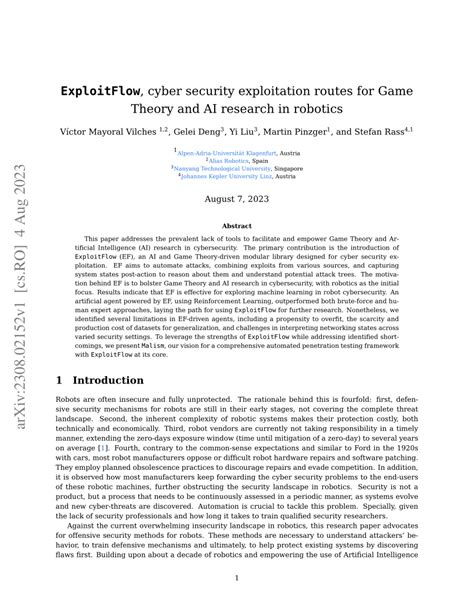Pdf Exploitflow Cyber Security Exploitation Routes For Game Theory And Ai Research In Robotics