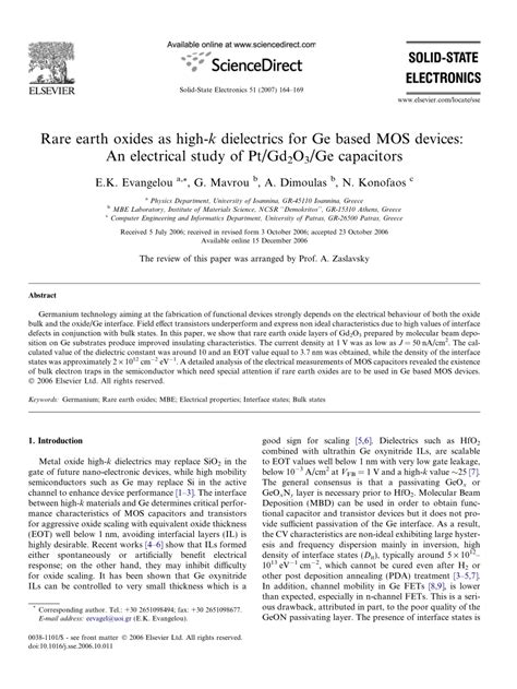 Pdf Rare Earth Oxides As High K Dielectrics For Ge Based Mos Devices