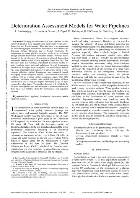 Pdf Deterioration Assessment Models For Water Pipelines