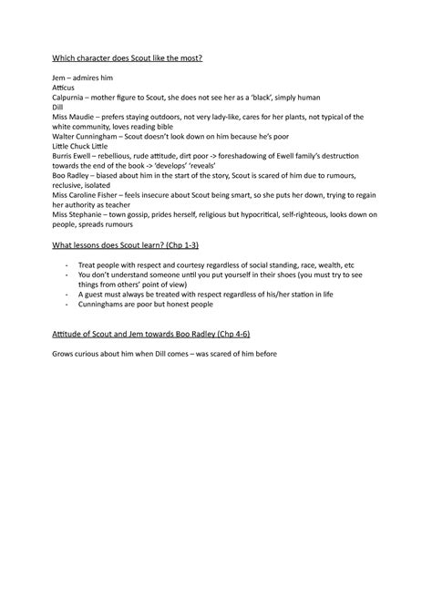 To Kill A Mockingbird Notes Class Which Character Does Scout Like The Most Jem Admires