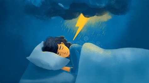 Woman Sleeping Peacefully Under Storm Cloud And Lightning Bolt Stock