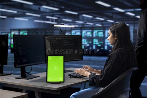 Woman Checking Data Center Systems Bottlenecks Using Mockup Tablet Stock Image Image Of