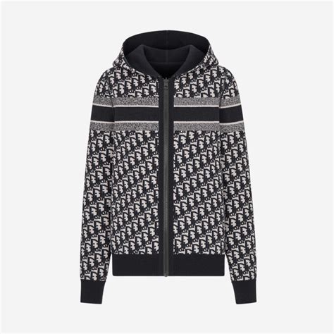 W 디올 테크니컬 캐시미어 리버시블 후드 지퍼 가디건 블루 디올 오블리크 Dior Kream