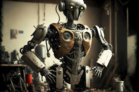 Premium Photo Male Android Robot Helps At Construction Standing By Machines And Technical