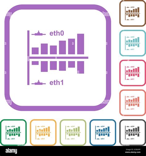 network statistics simple icons in color rounded square frames on white
