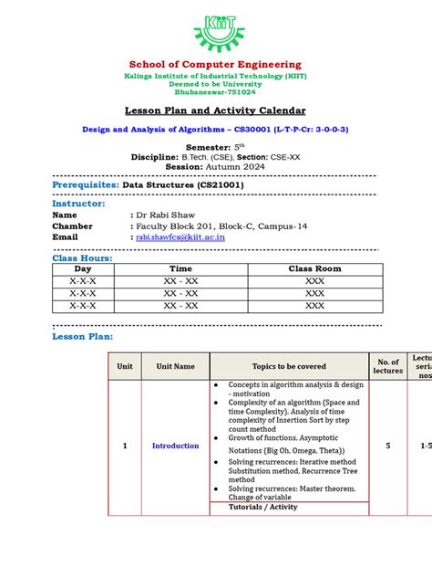 autumn 2024 cs30001 daa complete lesson plan section cse xx pdf