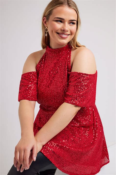 Yours Plus Size Red Sequin Cold Shoulder Peplum Top Yours Clothing