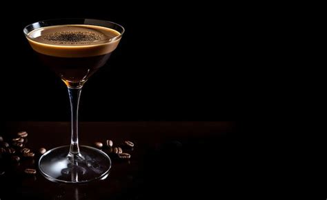 Aperitivo de martini espresso con granos de café en vidrio sobre un fondo negro con espacio para ...