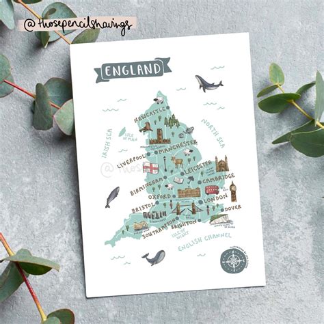 Map Of England Postcard Illustrated Uk Map English Map Great
