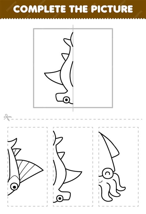 어린이를 위한 교육 게임은 인쇄 가능한 수중 워크시트를 색칠하기 위한 귀여운 만화 해머 상어 반 개요의 그림을 자르고 완성합니다