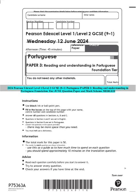 2024 Pearson Edexcel Level 1 Level 2 Gcse 9 1 Portuguese Paper 3 Reading And Understanding In