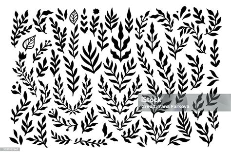 모노크롬 꽃무늬 대칭 실루엣 세트 Abstract Botany Collection With Branches 월계관 화환 벡터 일러스트 레이 션은 흰색 배경에 고립되어