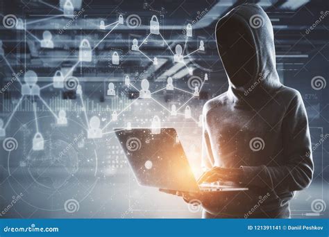 No Face Hacker With Laptop And Digital Interface Stock Image Image Of