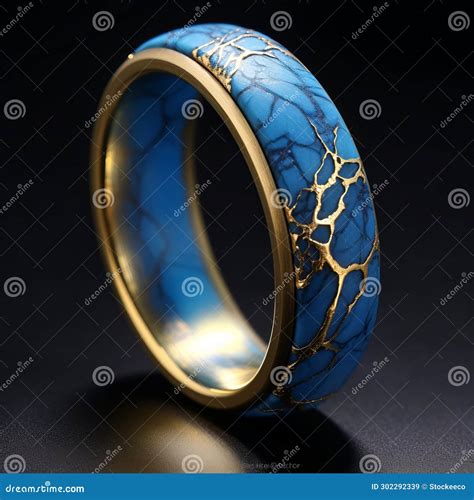 Snoon Blue Turquoise And Gold Kintsugi Style Ring With Engraved Line