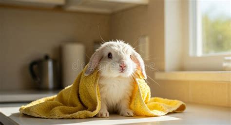 Wet White Bunny Wrapped In Yellow Towel Calm Eyes On White Counter