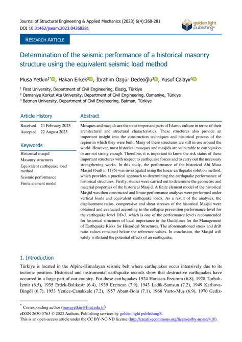 PDF Determination Of The Seismic Performance Of A Historical Masonry Structure Using The