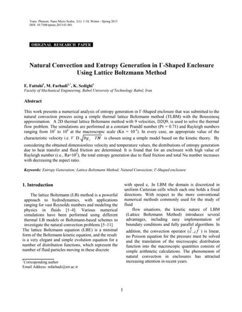 Natural Convection And Entropy Generation In Γ Shaped Enclosure Using Lattice Boltzmann Method