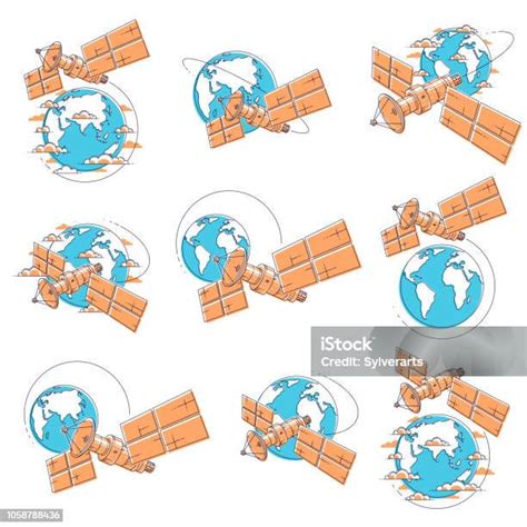 우주 지구 주위를 공전 하는 위성 통신 우주선 태양 전지 역 공간 하 고 위성 안테나 접시 얇은 선 3d 벡터 일러스트 화이트 격리 설정 0명에 대한 스톡 벡터 아트 및